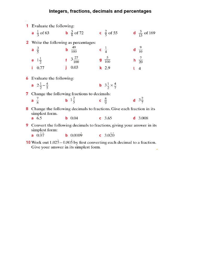 Integers, Fractions, Decimals, Percentages, Interest and Profit | PDF