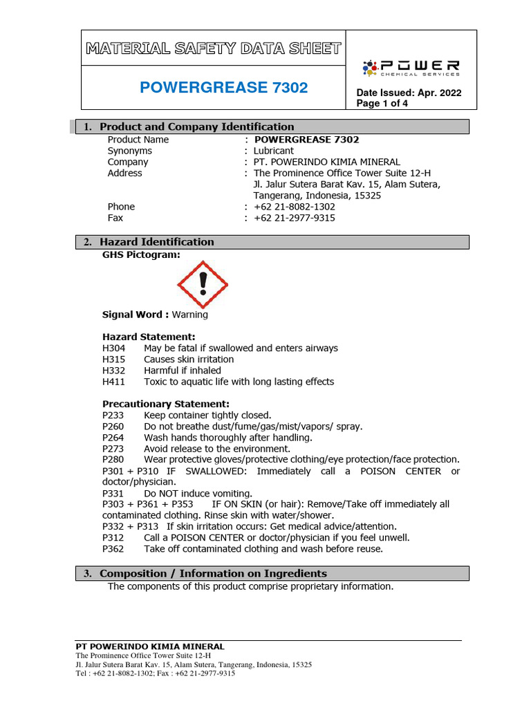 MSDS Powergrease 7302 | PDF | Firefighting | Dangerous Goods