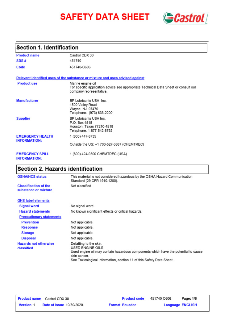 Safety Data Sheet: Section 1. Identification | PDF | Safety | Occupational Safety And Health
