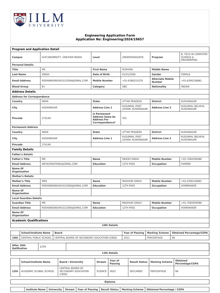 Engineering Application Form for B.Tech | PDF