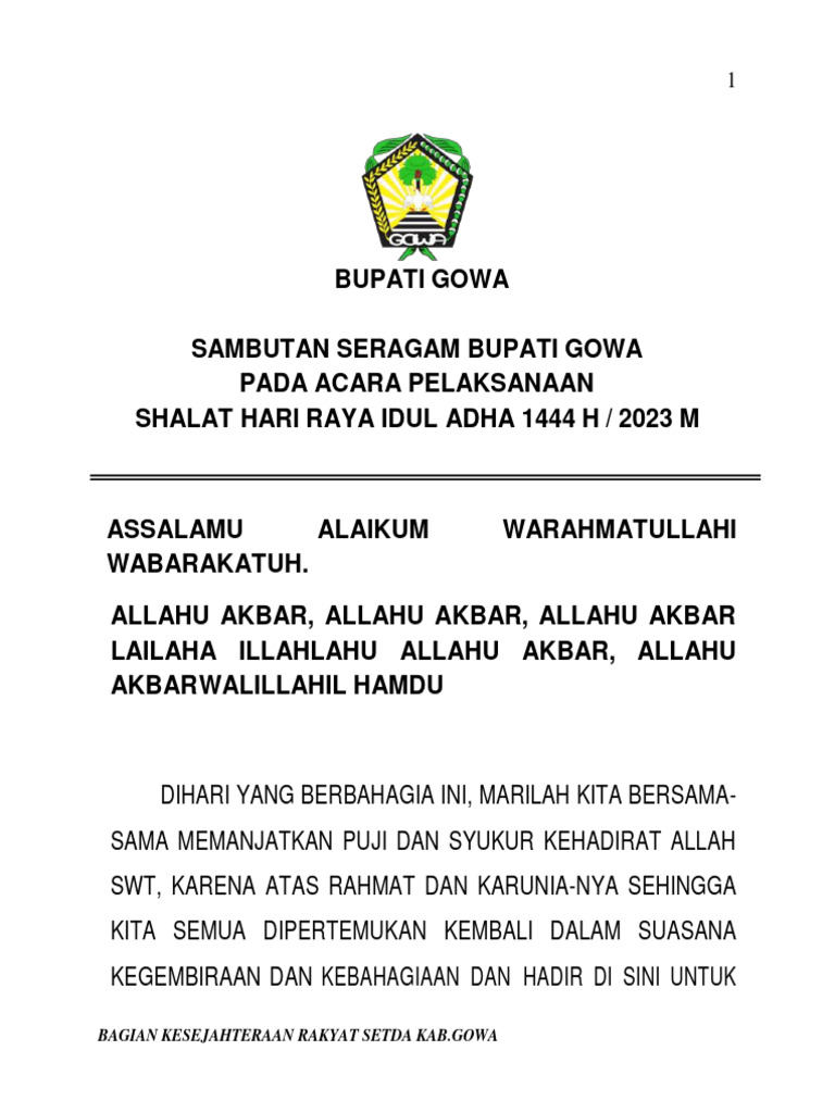 Fix Sambutan Shalat Idul Adha Seragam Bupati 2023 | PDF | Ilmu Sosial ...