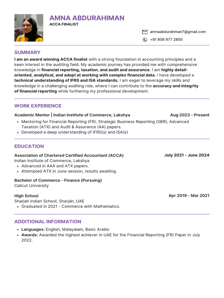 Amna Abdurahiman: Acca Finalist | PDF | Career & Growth | Business