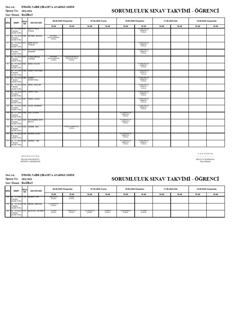 Öğrenci̇ Sinav Programi | PDF