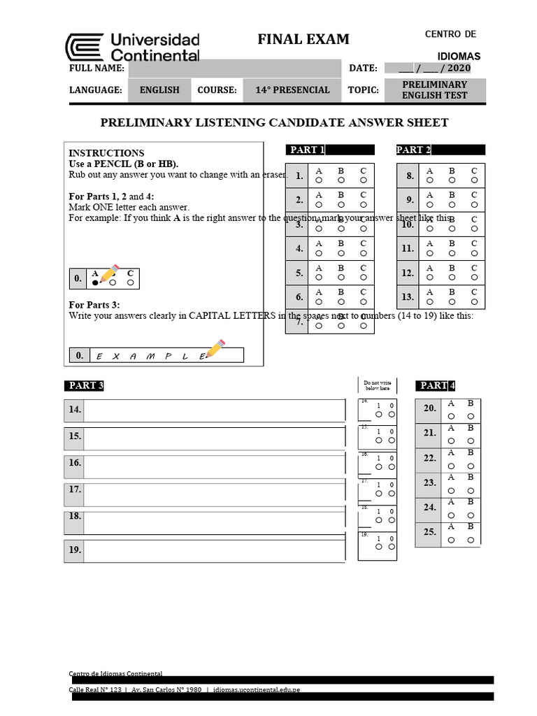 Final English Exam Answer Sheet | PDF | Qualifications | Tests