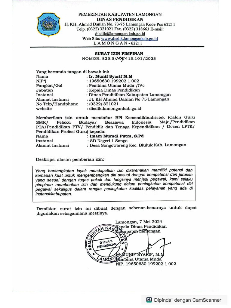 Contoh Surat Izin Pimpinan Pendaftaran Beasiswa BPI | PDF