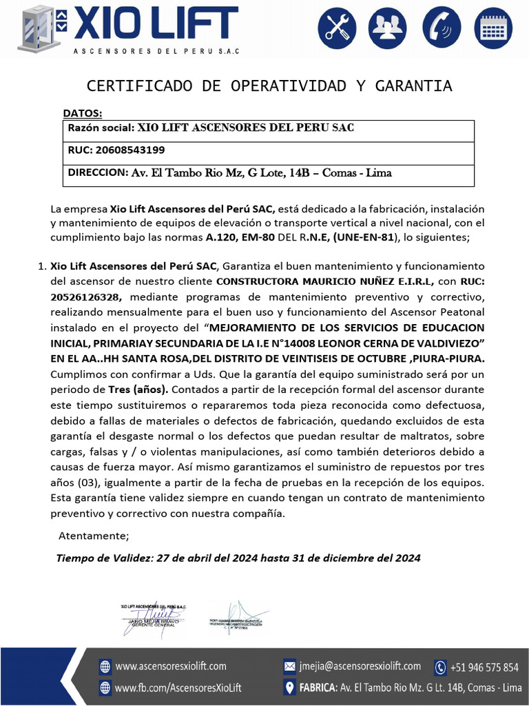 Certificado de Operatividad - Constructora Mauricio Nuñez E.I.R.L | PDF