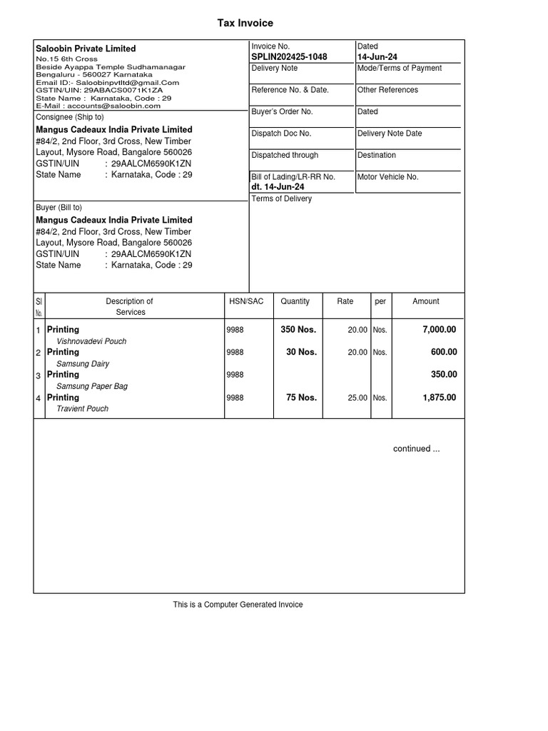 Splin202425 1048 | PDF | Bangalore | Invoice