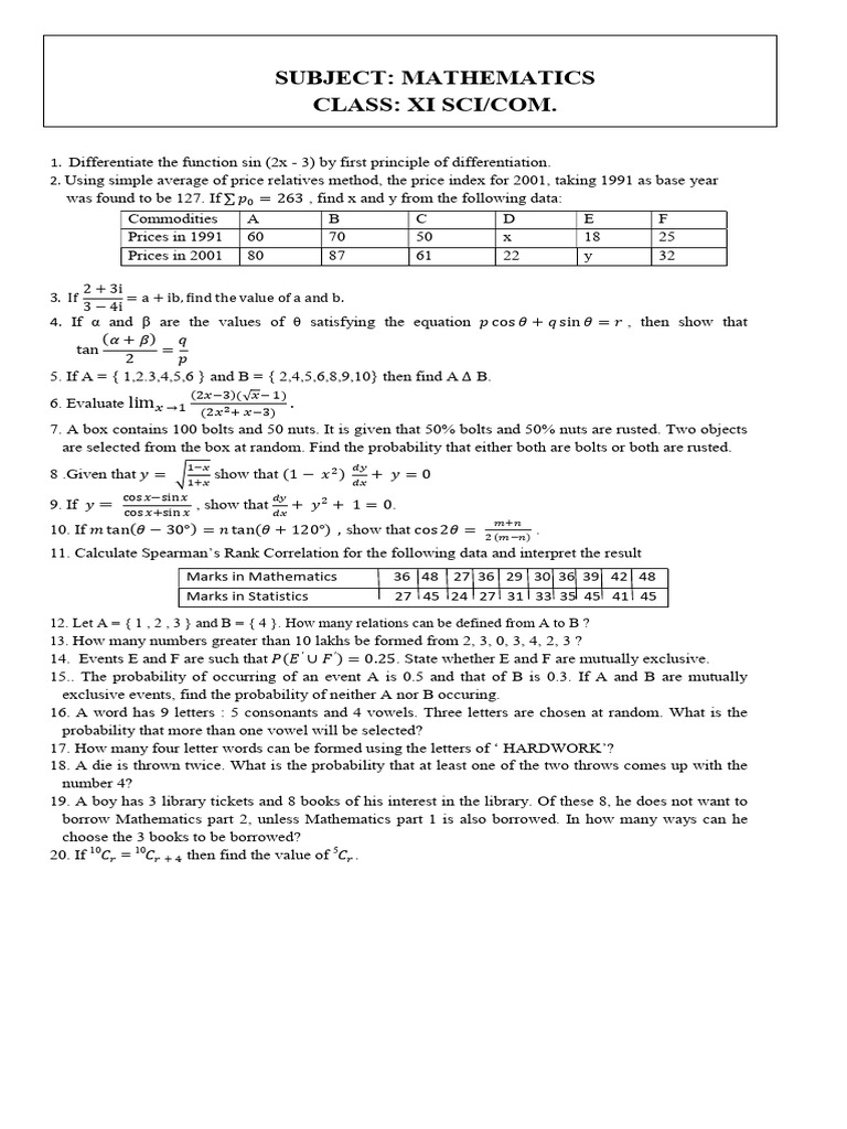 Assignment Class 11 Mathematics | PDF | Probability | Mathematics