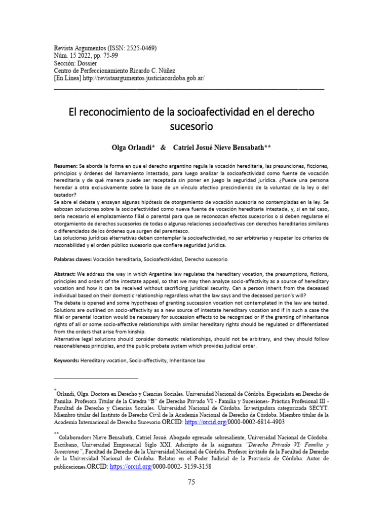 6-ORLANDI - BENSABATH - El Reconocimiento de La Socioafectividad en El Derecho Sucesorio | PDF ...