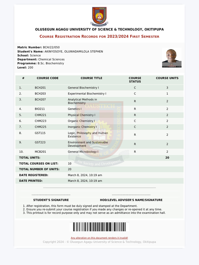 BCH-22-050_2023-2024_First Semester Course Registration Form | Download ...