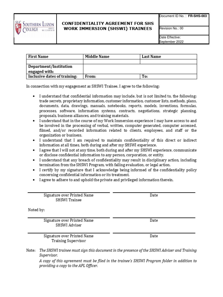 Shswi Confidentiality Agreement | PDF | Confidentiality | Trade Secret
