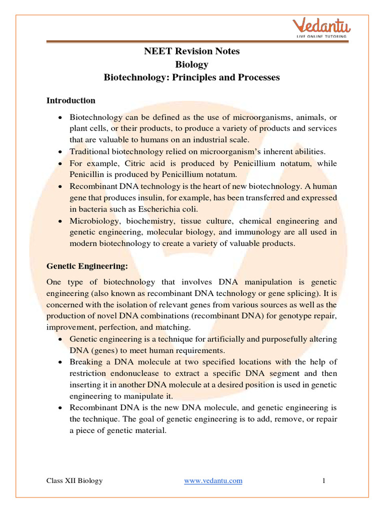 Revision Notes On Biotechnology Principles and Processes NEET 2023 ...