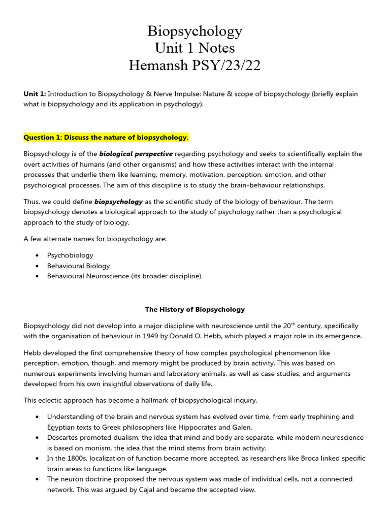 Unit 1 Notes Biopsych | Download Free PDF | Neuroscience | Behavioral ...