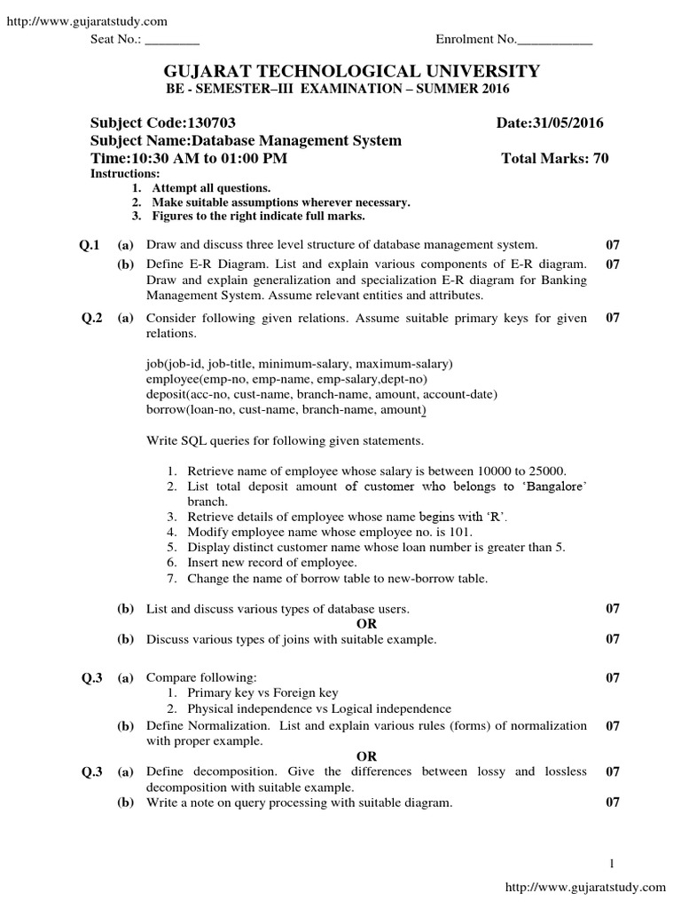 Be 3 Sem Database Management System 130703 Summer 2016 | PDF ...