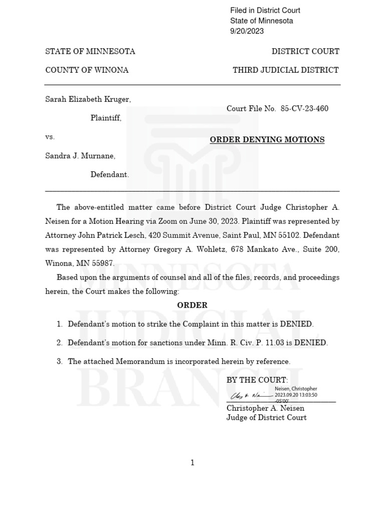 Court File No. 85-CV-23-460: Order Denying Motion | PDF | Complaint | Pleading