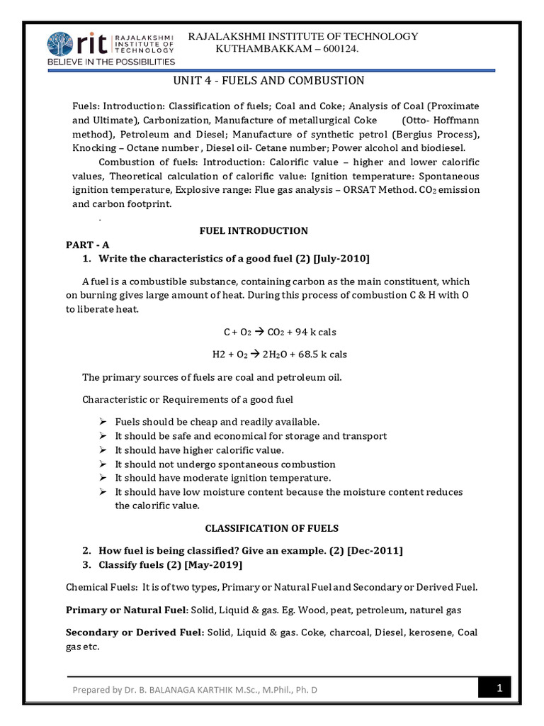 Chemistry Unit 4 Fuels and Combustion Notes Rit Format Final | PDF ...
