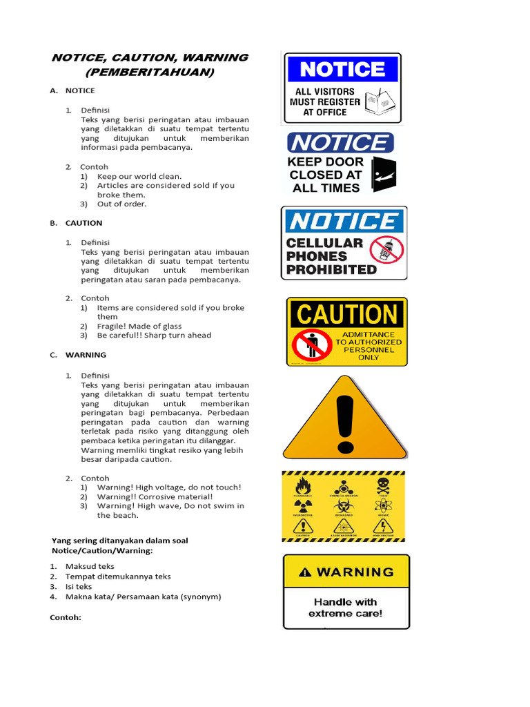 Kelas 8 KD 3.12 NOTICE, CAUTION, WARNING (PEMBERITAHUAN) | PDF