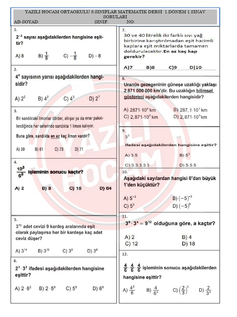 ---yazilihocam.com---------8.SINIF MATEMATİK 1.DÖNEM 1.YAZILI SORULARI-1 | PDF