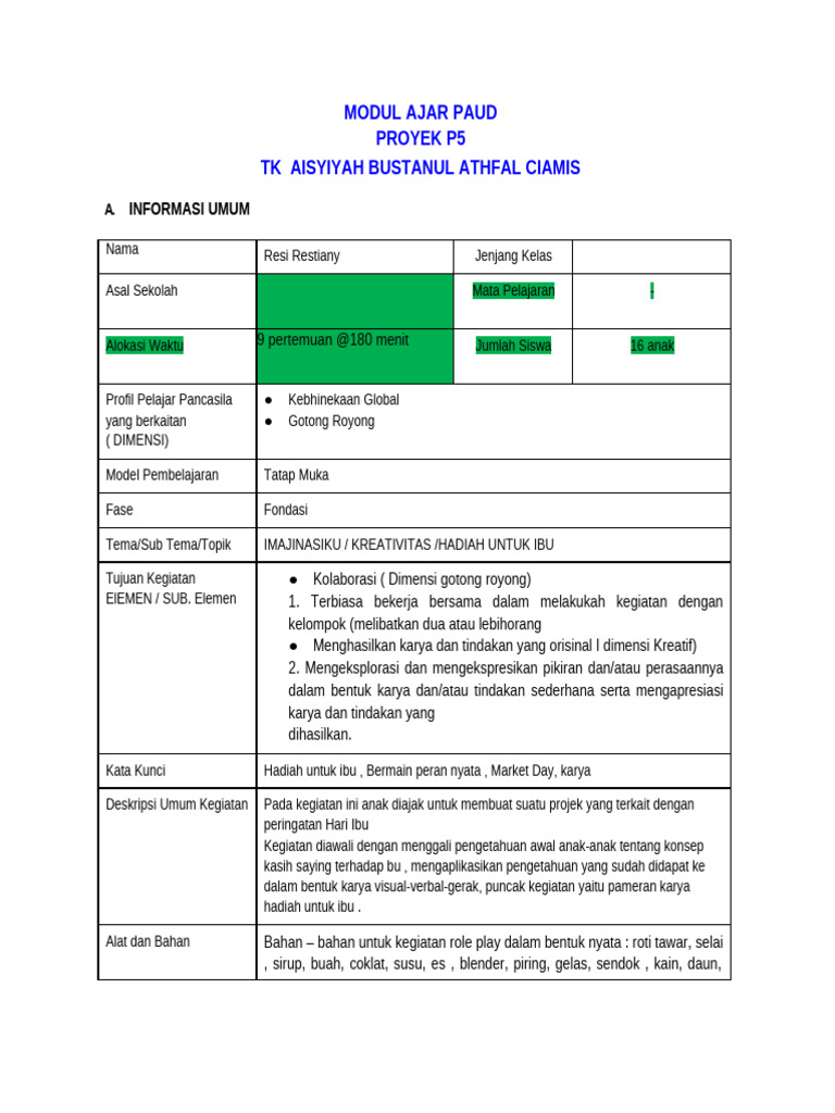 Modul Ajar P5 Market Day PAUD | PDF