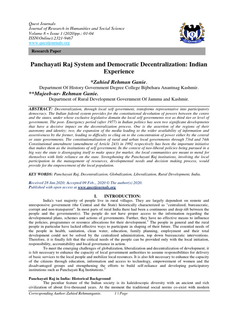 Panchayati Raj System and Democratic Decentralization: Indian ...