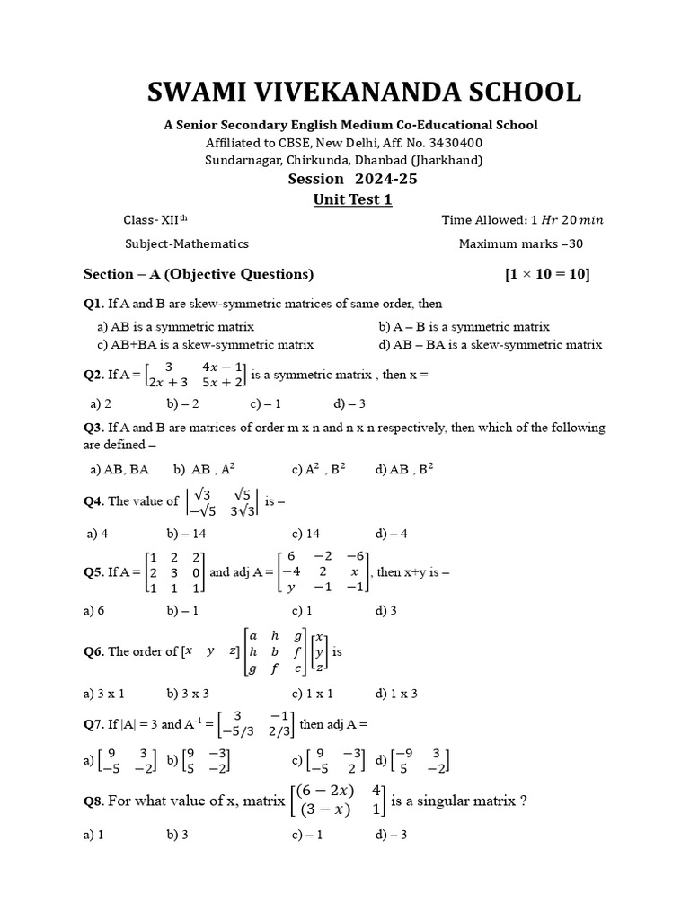 Math Unit Test 1 Class 12th 2024-25 | PDF | Matrix (Mathematics ...