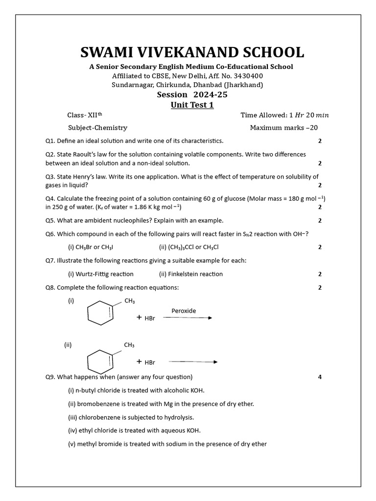 Class 12 Chemistry Unit Test 1 Paper | PDF