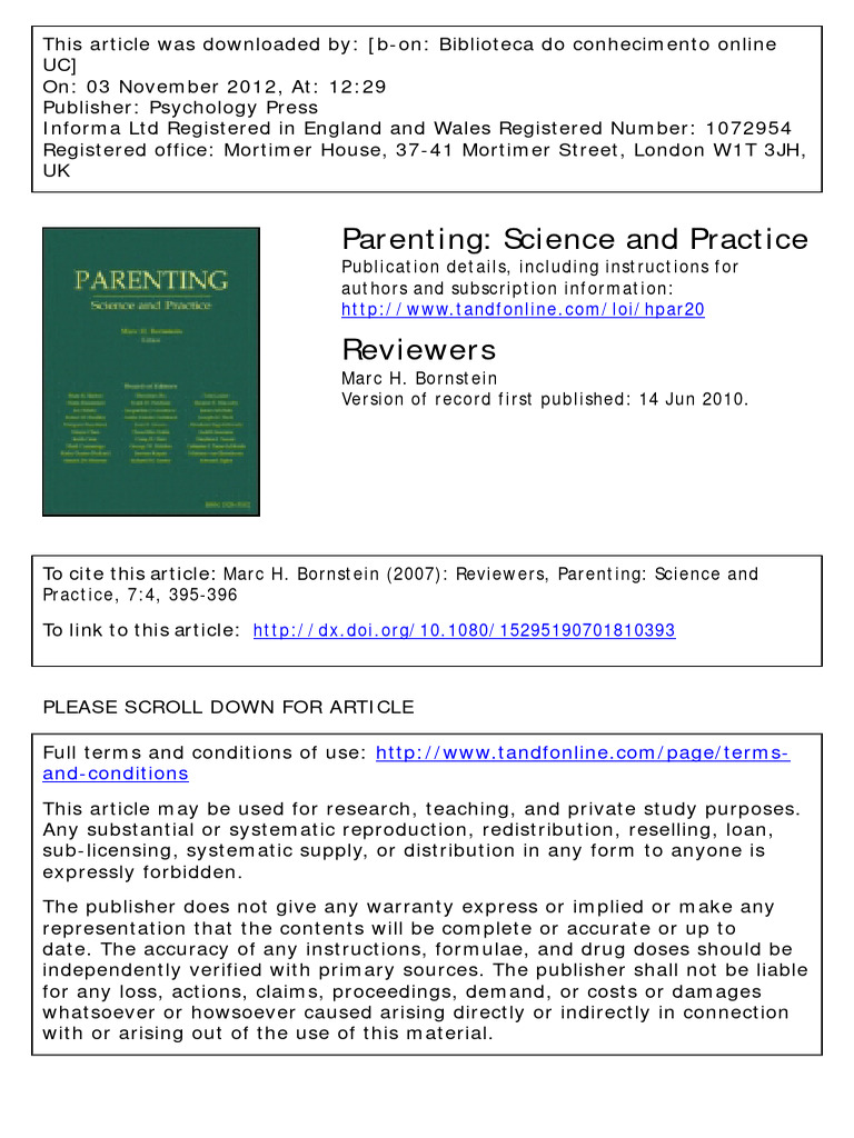 2010 - Bornstein - Parenting Science and Practice - Reviewers | PDF | Science | Business Law