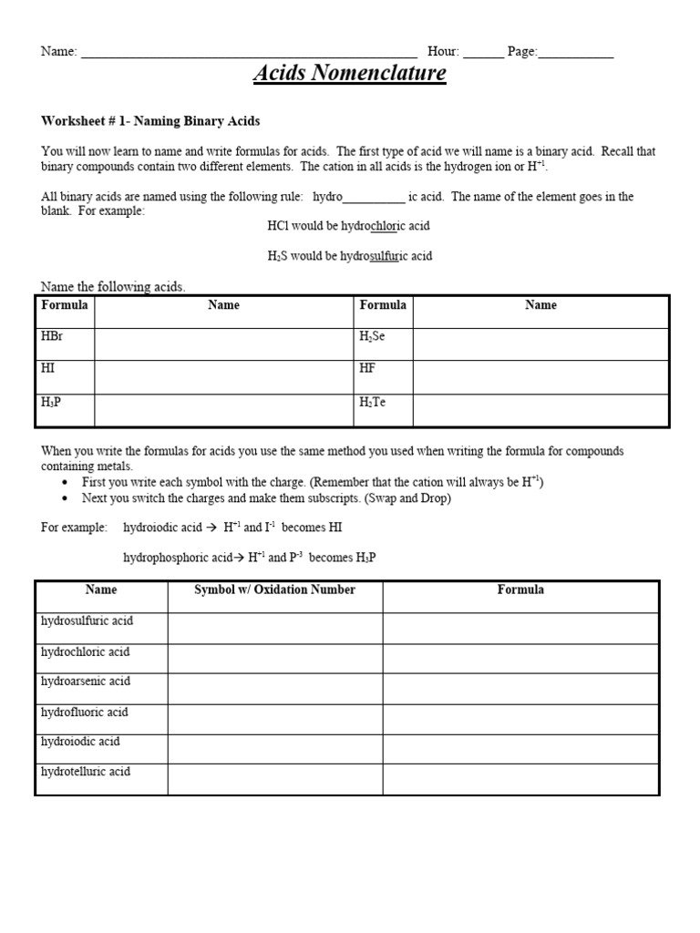 Naming Acids Packet | PDF | Acid | Sulfuric Acid