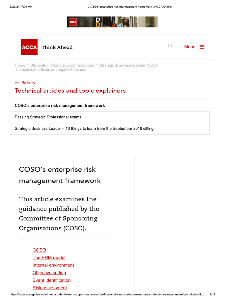 COSO's Enterprise Risk Management Framework - ACCA Global | PDF ...