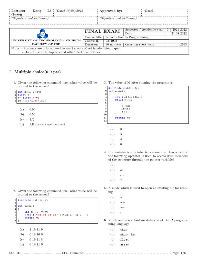 De Thi 213 HKHe 2022 | PDF | Pointer (Computer Programming) | Software Development