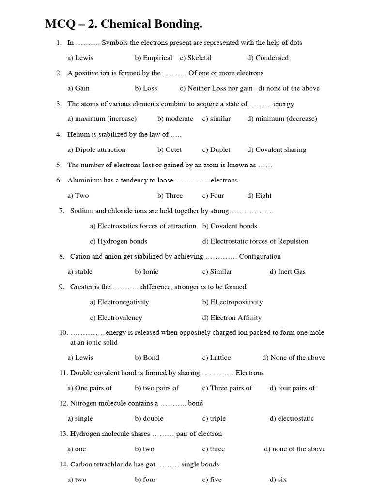 MCQ - Chemical Bonding | Download Free PDF | Chemical Bond | Ion