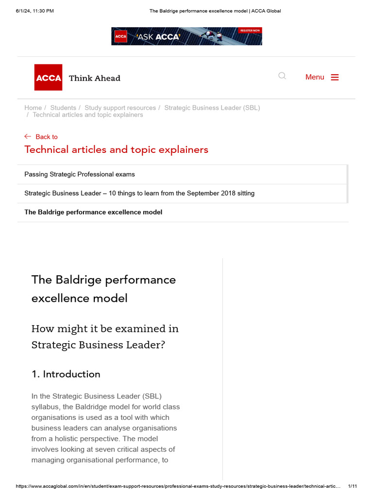 The Baldrige Performance Excellence Model - ACCA Global | PDF ...