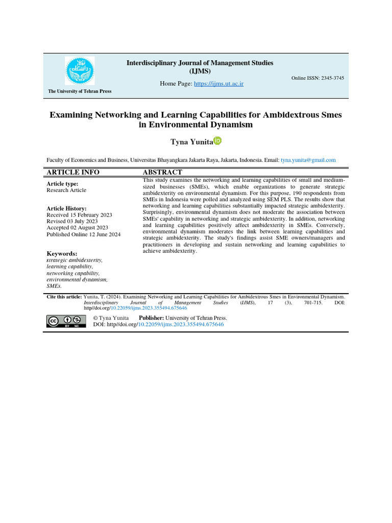 Examining Networking and Learning Capabilities For Ambidextrous Smes in Environmental Dynamism ...
