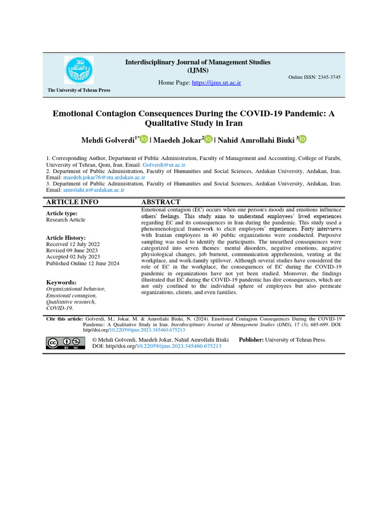 Emotional Contagion Consequences During The COVID-19 Pandemic: A Qualitative Study in Iran | PDF ...