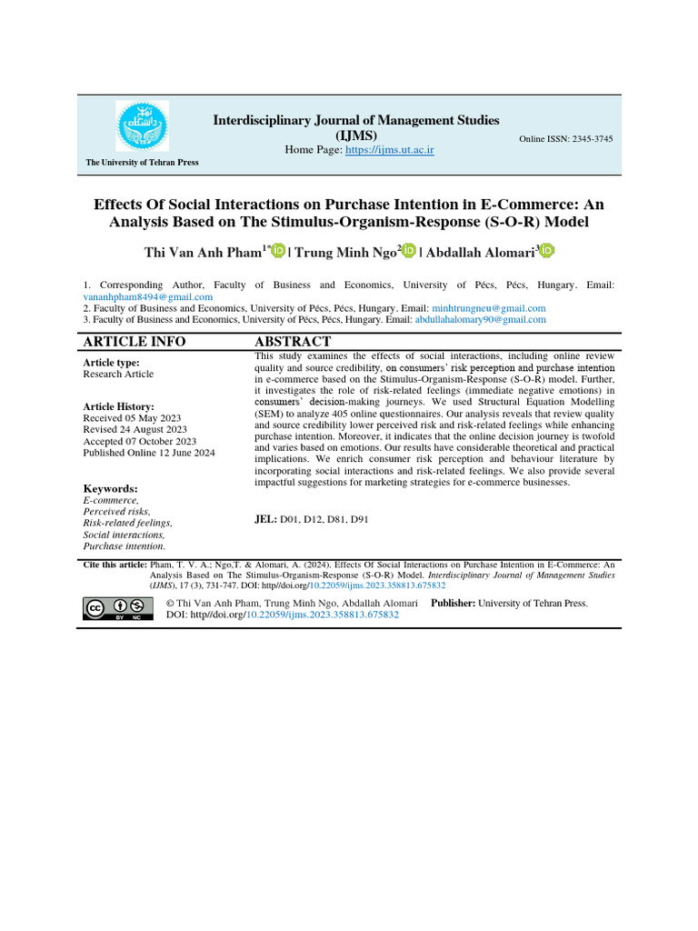 Effects of Social Interactions On Purchase Intention in E-Commerce An Analysis Based On The ...