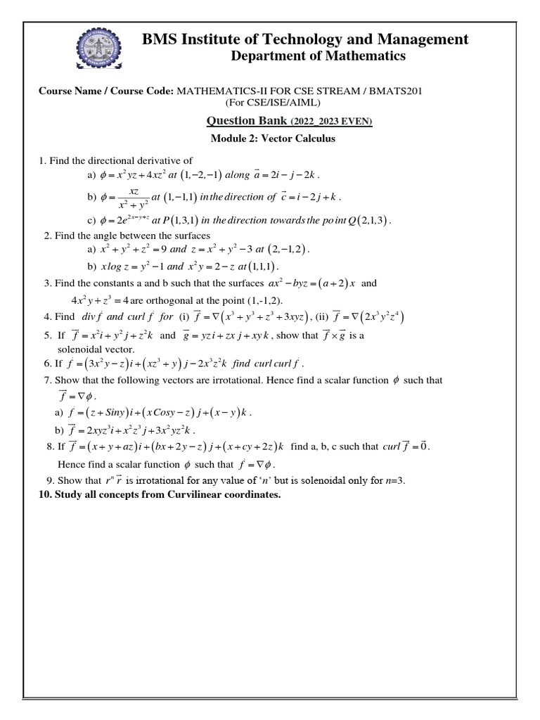 Module 2 - Question Bank - Mathematics-II For CSE Stream - BMATS201 ... Module 2 - Question Bank - Mathematics-II For CSE Stream - BMATS201 ...