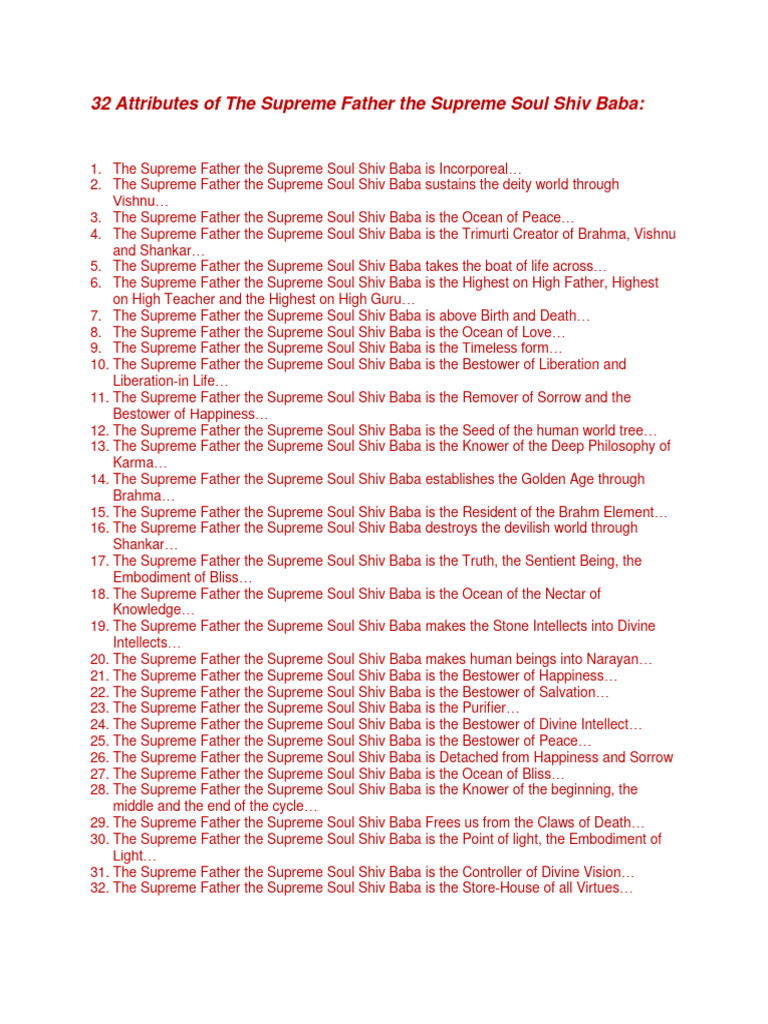 32 Attributes of Shiv Baba | PDF | Soul | Shiva