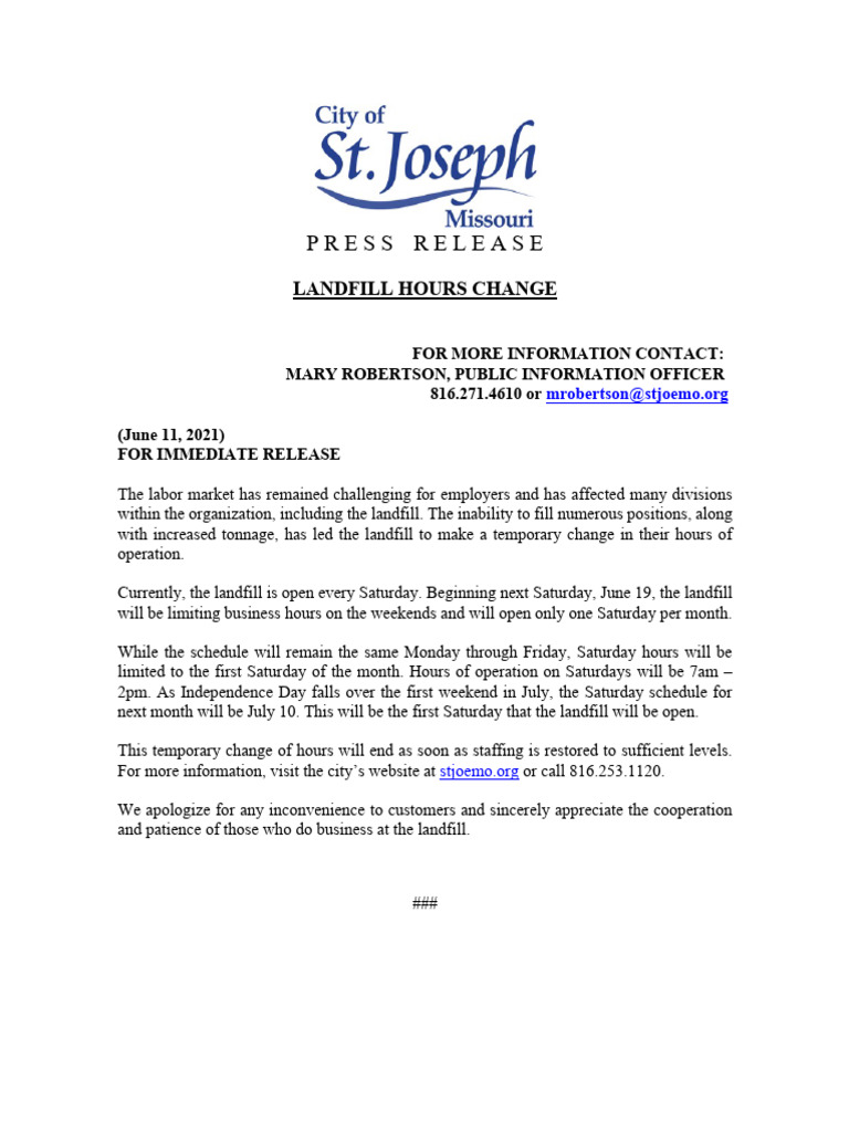 Landfill Hours Change | PDF