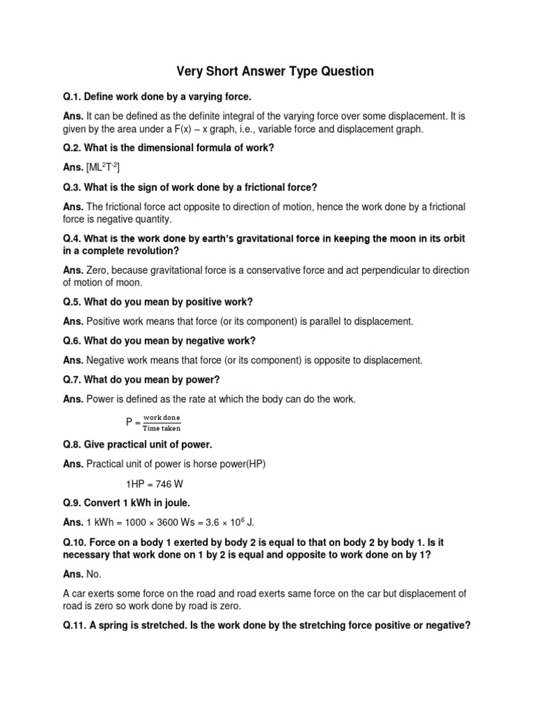 Very Short Answer Type Questions | PDF | Force | Potential Energy