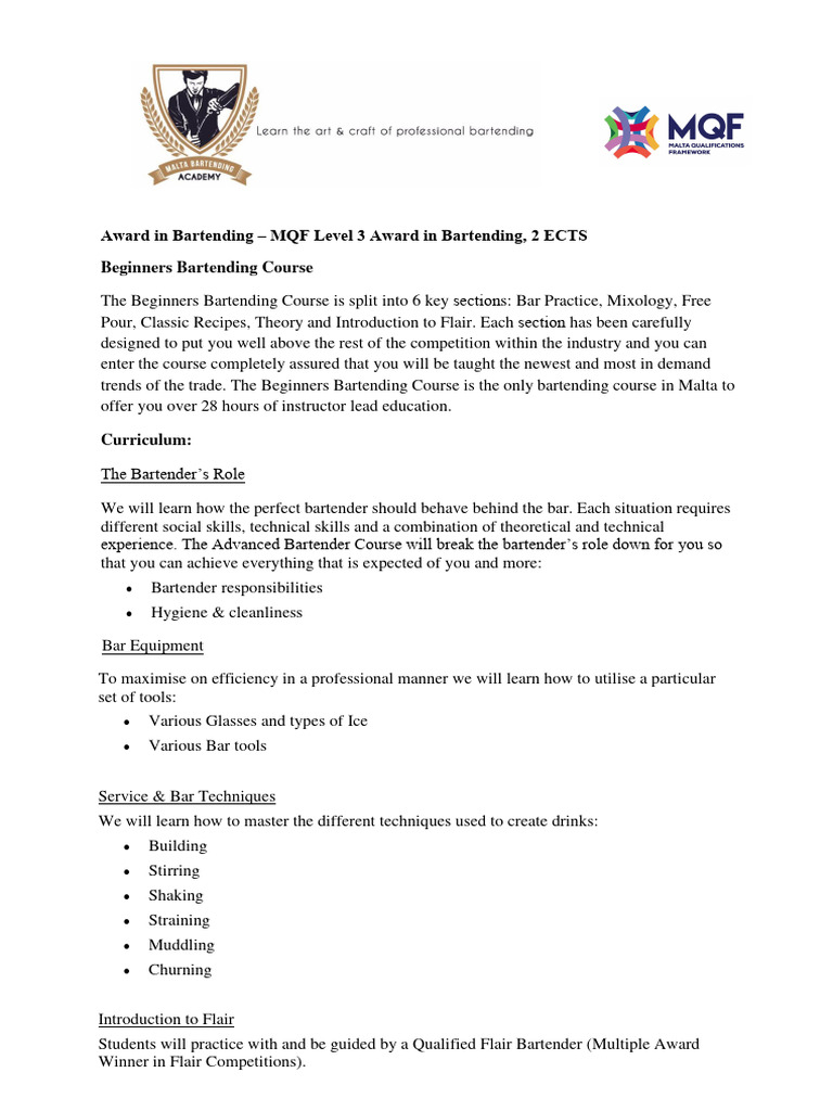 Beginners Bartending Course Overview | PDF | Bartender | Alcoholic ...
