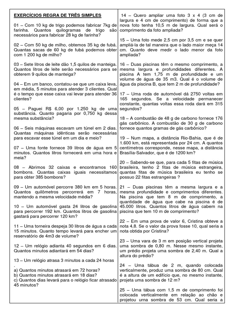 Exercícios Regra de Três Simples | PDF | Fahrenheit | Quilograma