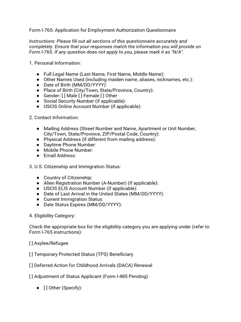 Form I-765 - Application For Employment Authorization Questionnaire | PDF