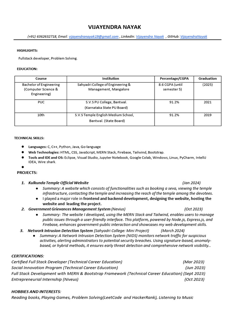 Vijayendra Nayak - Resume | Download Free PDF | Software Engineering | Computer Programming