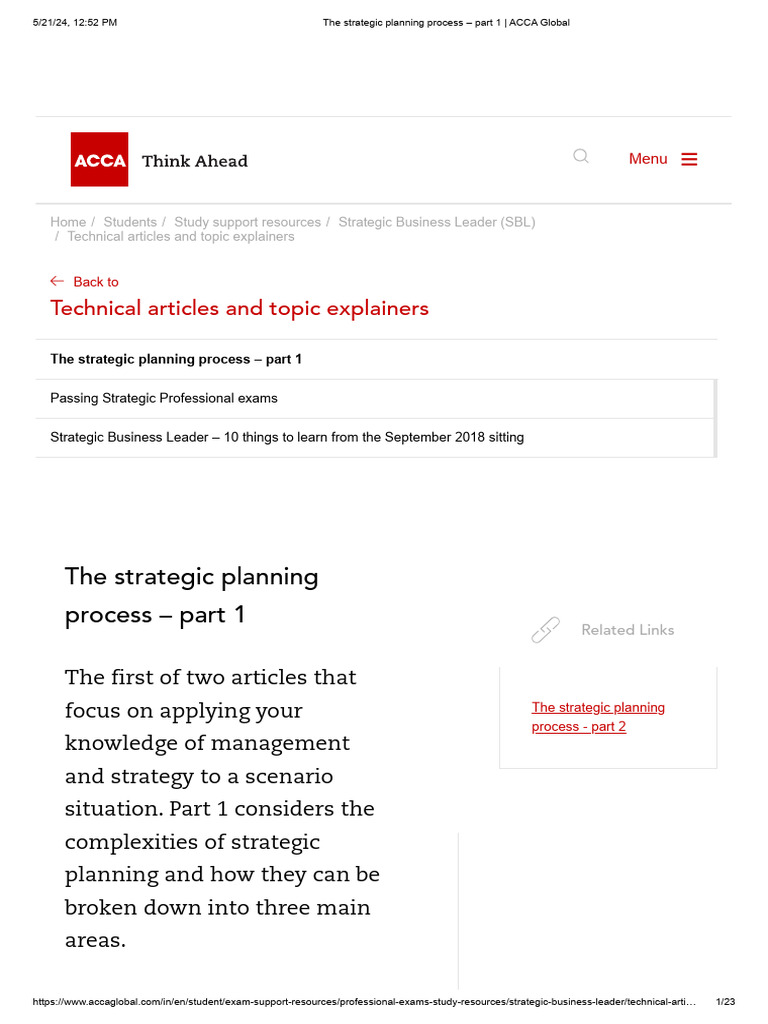 The Strategic Planning Process - Part 1 - ACCA Global | PDF | Economics | Strategic Planning