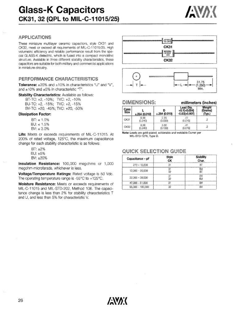 AVX K CY CYR ET K Series Glass Capacitor Datasheet | PDF