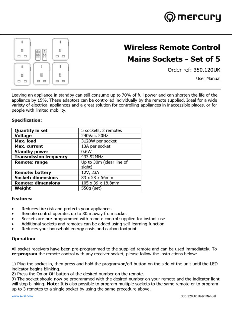 Wireless Remote Control Mains Sockets - Set of 5: Order Ref: 350.120UK | Download Free PDF | Ac ...