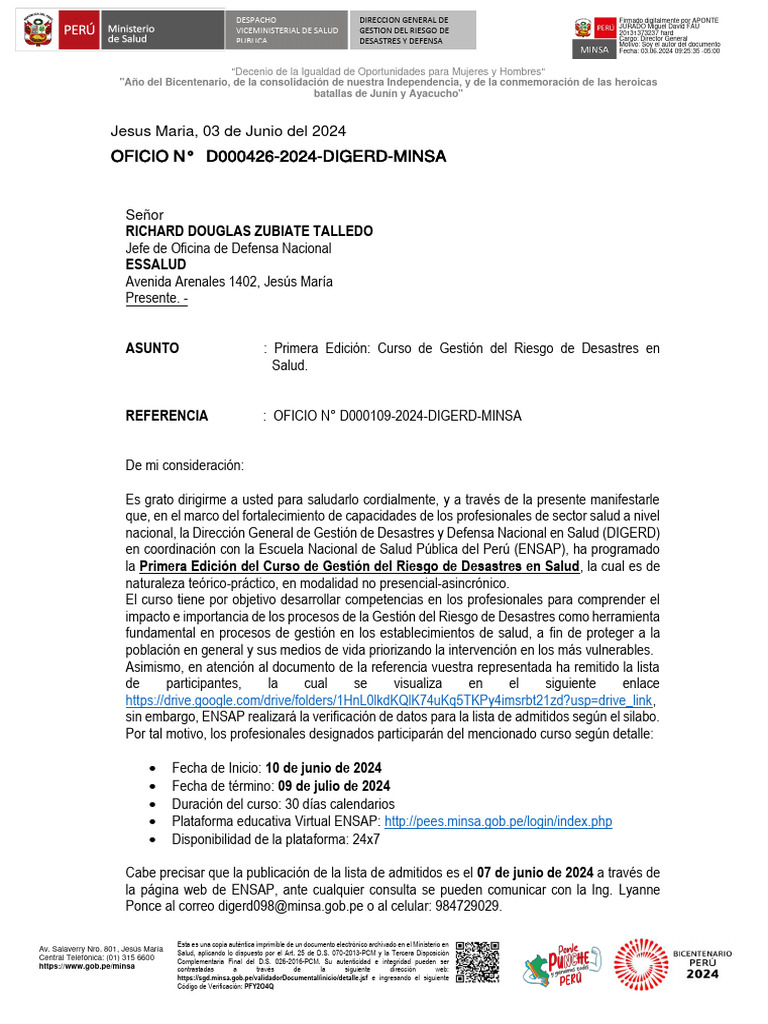 Oficio 426 - 2024 DIGERD-MINSA | PDF