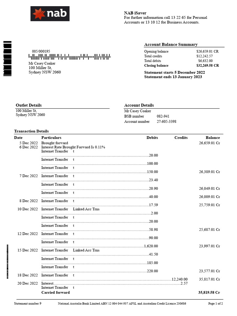 NAB iSaver Account Statement Summary | PDF | Debits And Credits | Tax ...