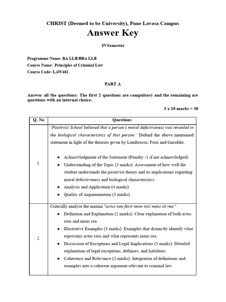 Principles of Criminal Law Answer Key | PDF | Mens Rea | Criminal Law