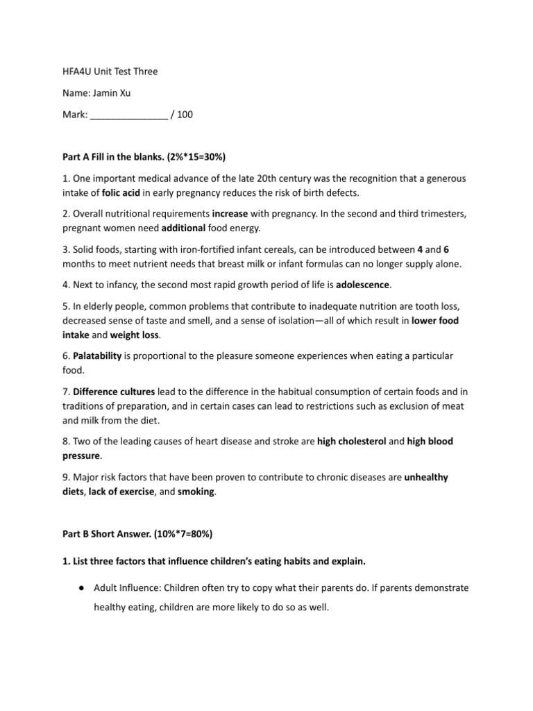 HFA4U Unit Test Three | PDF | Healthy Diet | Diet (Nutrition)